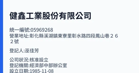 健鑫工業股份有限公司的照片-統編 05969268(彰化縣) 公司登記資料與營業項目詳細圖表