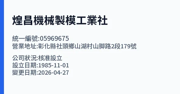 煌昌機械製模工業社的照片-統編 05969675(彰化縣) 公司登記資料與營業項目詳細圖表