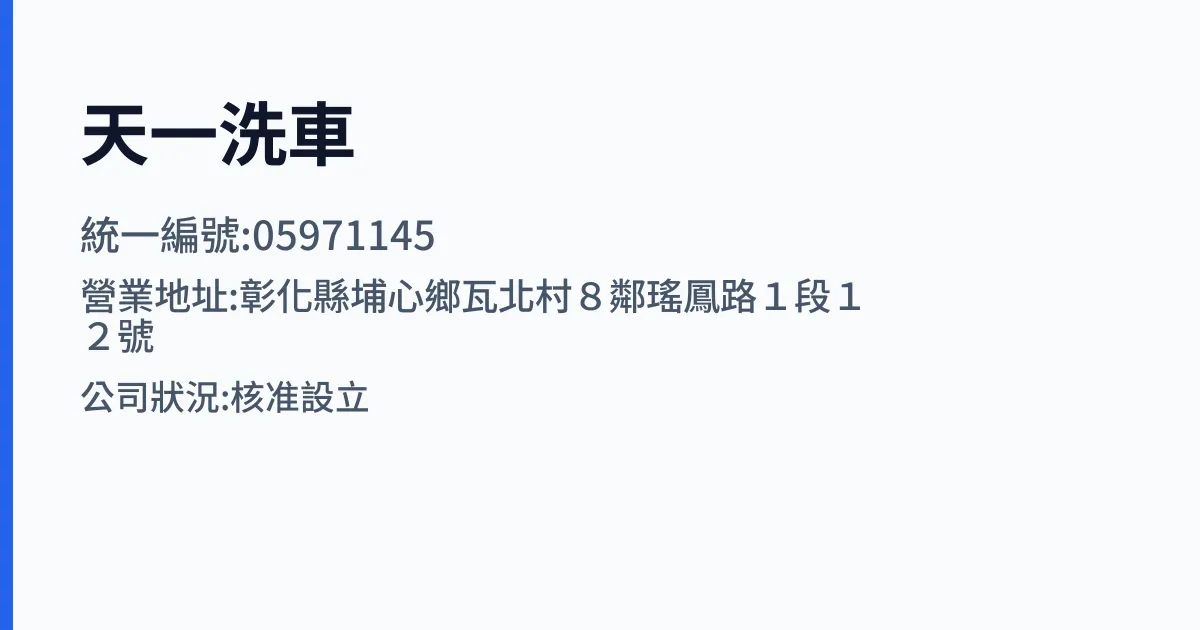 天一洗車 - 統編 05971145(彰化縣) 公司登記資料與營業項目詳細圖表