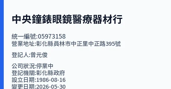 中央鐘錶眼鏡醫療器材行的照片-統編 05973158(彰化縣) 公司登記資料與營業項目詳細圖表
