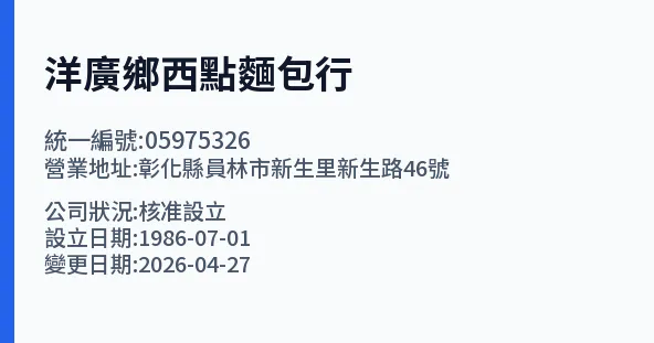 洋廣鄉西點麵包行的照片-統編 05975326(彰化縣) 公司登記資料與營業項目詳細圖表