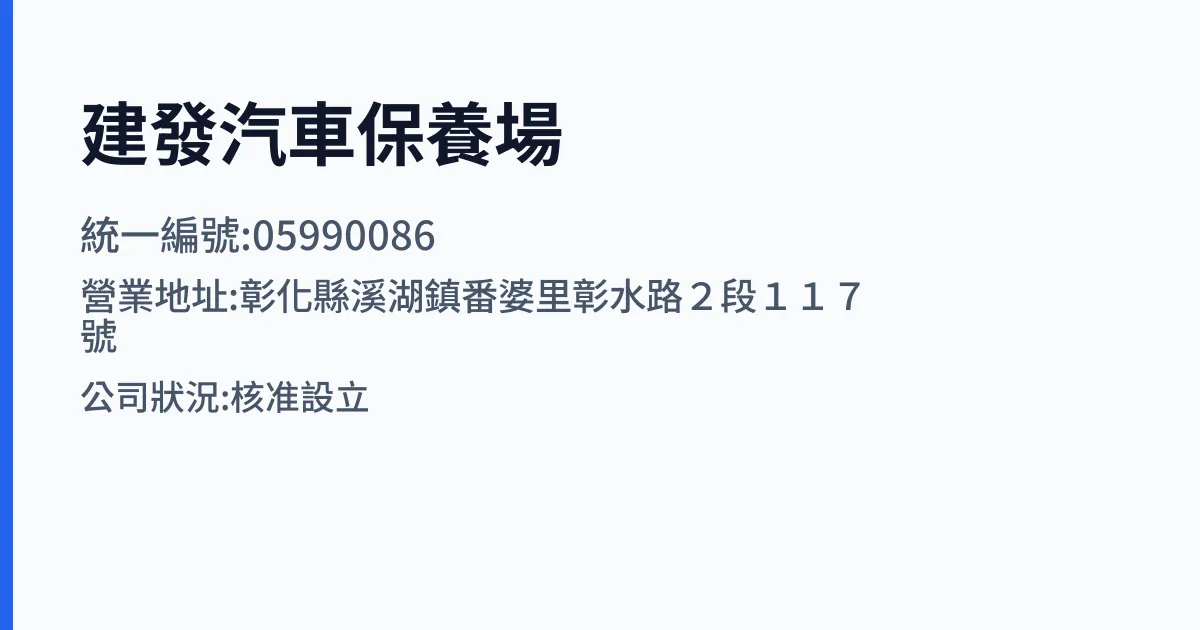 建發汽車保養場 - 統編 05990086(彰化縣) 公司登記資料與營業項目詳細圖表