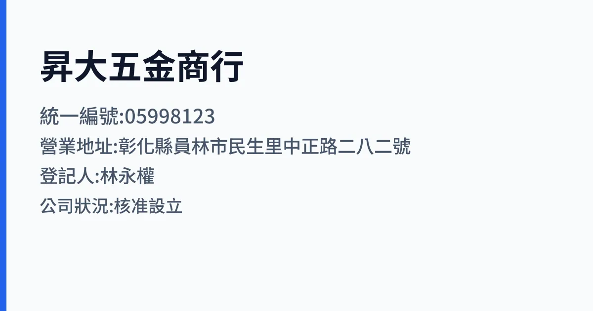 昇大五金商行 - 統編 05998123(彰化縣) 公司登記資料與營業項目詳細圖表