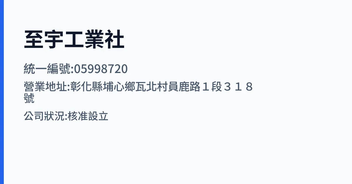 至宇工業社 - 統編 05998720(彰化縣) 公司登記資料與營業項目詳細圖表