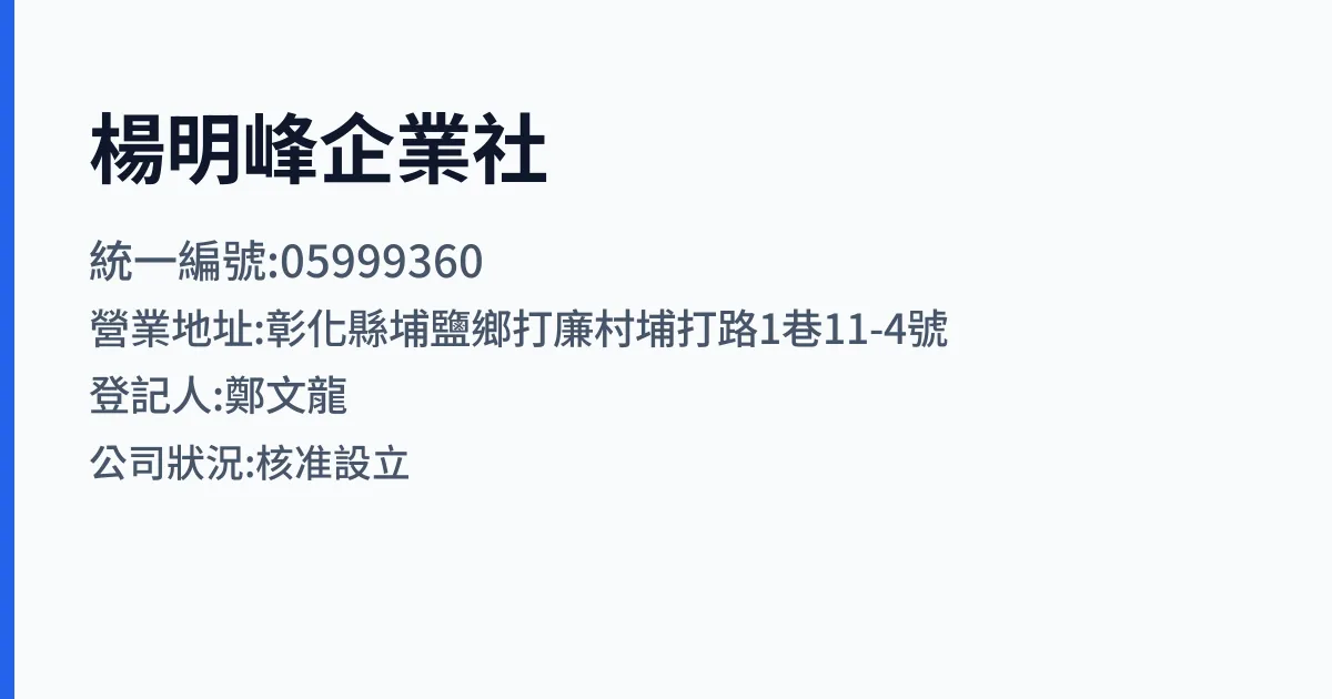 楊明峰企業社 - 統編 05999360(彰化縣) 公司登記資料與營業項目詳細圖表