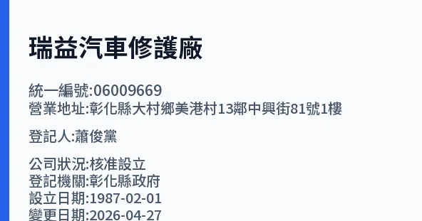 瑞益汽車修護廠的照片-統編 06009669(彰化縣) 公司登記資料與營業項目詳細圖表
