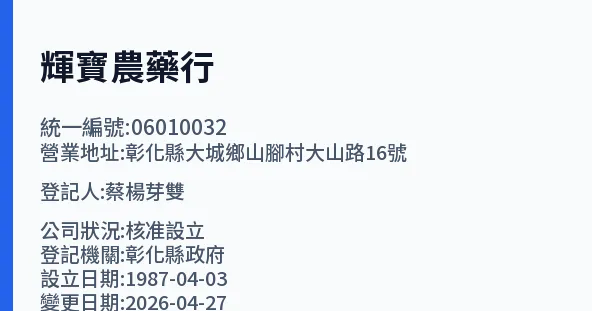 輝寶農藥行的照片-統編 06010032(彰化縣) 公司登記資料與營業項目詳細圖表