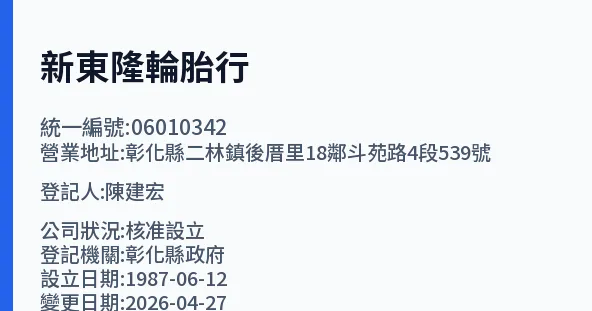 新東隆輪胎行的照片-統編 06010342(彰化縣) 公司登記資料與營業項目詳細圖表