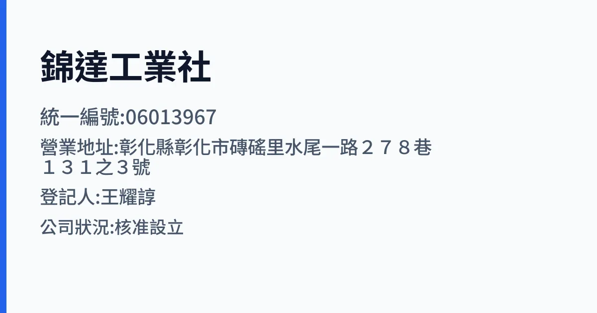 錦達工業社 - 統編 06013967(彰化縣) 公司登記資料與營業項目詳細圖表