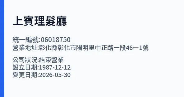 上賓理髮廳的照片-統編 06018750(彰化縣) 公司登記資料與營業項目詳細圖表