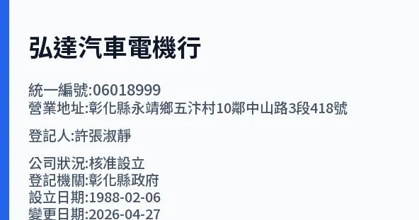 弘達汽車電機行的照片-統編 06018999(彰化縣) 公司登記資料與營業項目詳細圖表