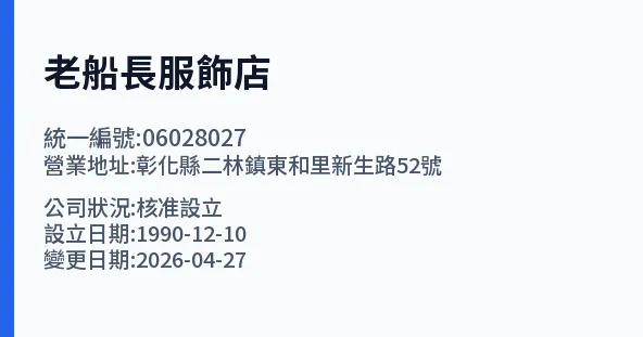 老船長服飾店的照片-統編 06028027(彰化縣) 公司登記資料與營業項目詳細圖表
