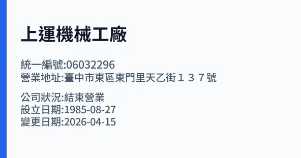 上運機械工廠的照片-統編 06032296(臺中市) 公司登記資料與營業項目詳細圖表