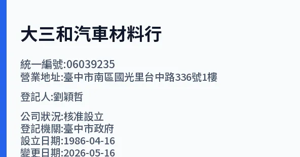 大三和汽車材料行的照片-統編 06039235(臺中市) 公司登記資料與營業項目詳細圖表