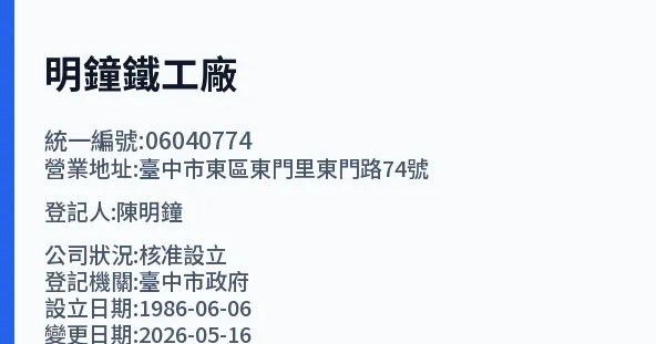明鐘鐵工廠的照片-統編 06040774(臺中市) 公司登記資料與營業項目詳細圖表