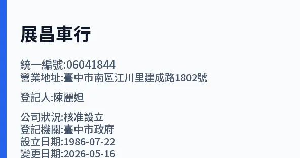 展昌車行的照片-統編 06041844(臺中市) 公司登記資料與營業項目詳細圖表