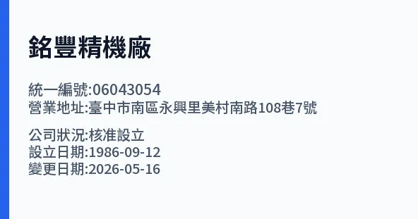 銘豐精機廠的照片-統編 06043054(臺中市) 公司登記資料與營業項目詳細圖表