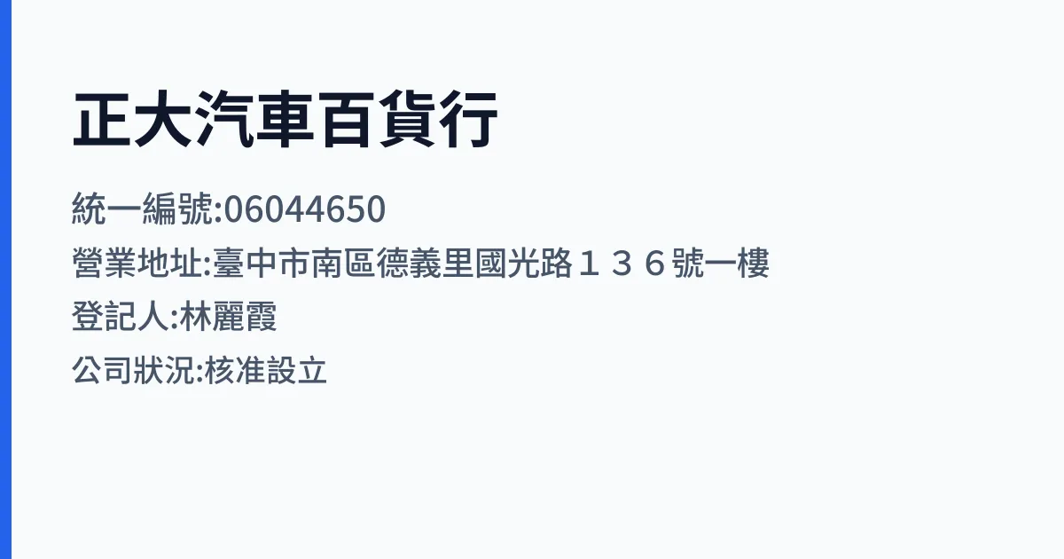 正大汽車百貨行 - 統編 06044650(臺中市) 公司登記資料與營業項目詳細圖表