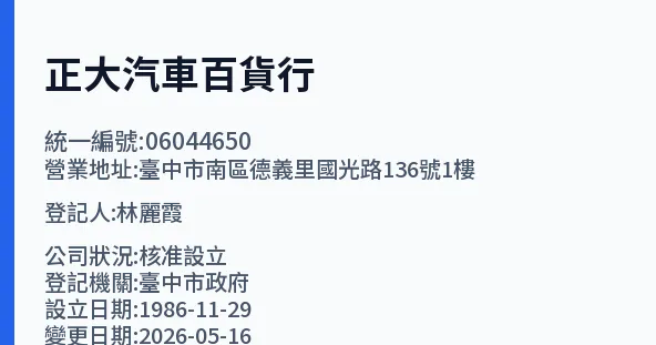 正大汽車百貨行的照片-統編 06044650(臺中市) 公司登記資料與營業項目詳細圖表