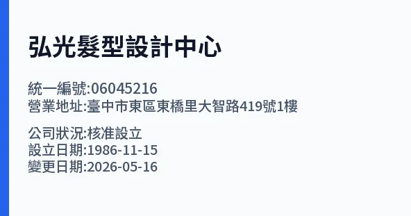 弘光髮型設計中心的照片-統編 06045216(臺中市) 公司登記資料與營業項目詳細圖表