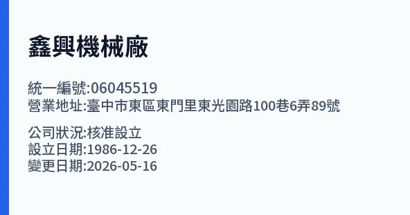 鑫興機械廠的照片-統編 06045519(臺中市) 公司登記資料與營業項目詳細圖表