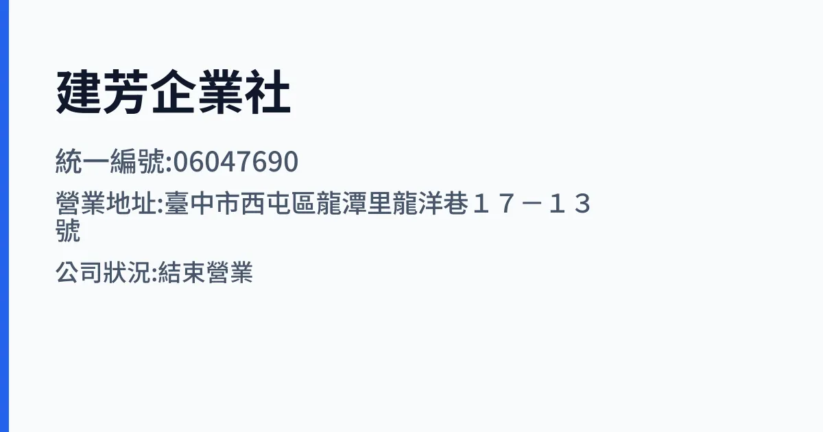 建芳企業社 - 統編 06047690(臺中市) 公司登記資料與營業項目詳細圖表