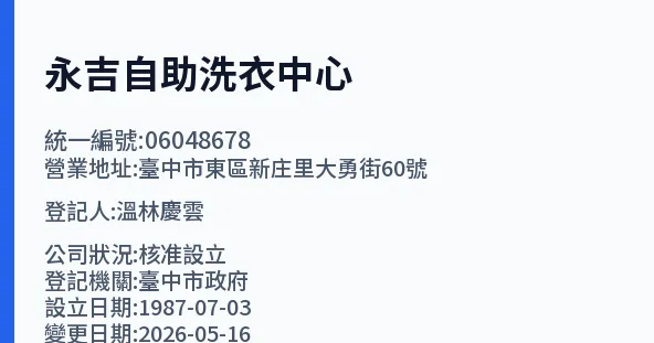 永吉自助洗衣中心的照片-統編 06048678(臺中市) 公司登記資料與營業項目詳細圖表