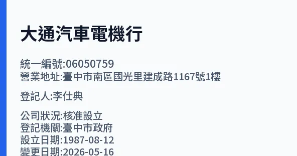 大通汽車電機行的照片-統編 06050759(臺中市) 公司登記資料與營業項目詳細圖表
