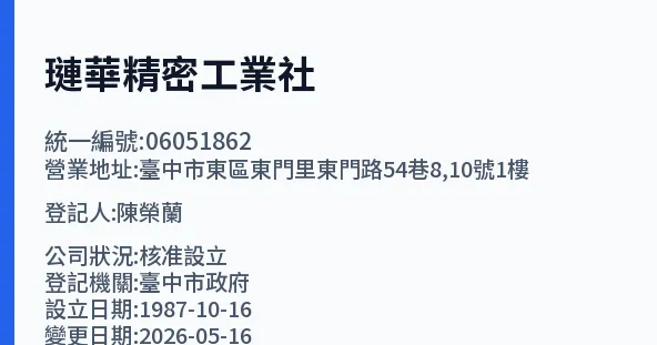 璉華精密工業社的照片-統編 06051862(臺中市) 公司登記資料與營業項目詳細圖表