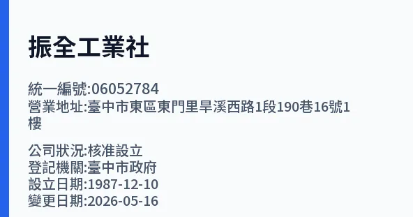 振全工業社的照片-統編 06052784(臺中市) 公司登記資料與營業項目詳細圖表