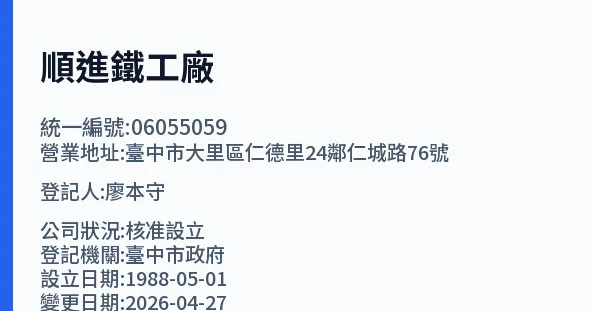 順進鐵工廠的照片-統編 06055059(臺中市) 公司登記資料與營業項目詳細圖表