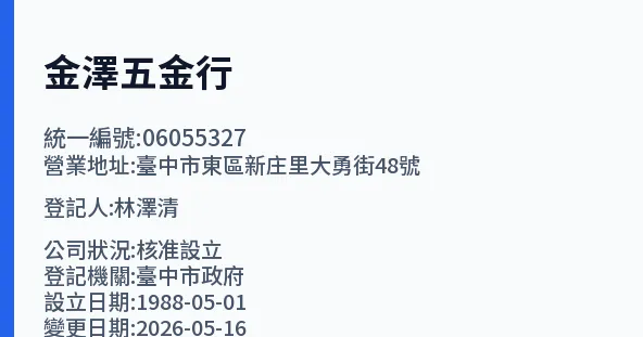 金澤五金行的照片-統編 06055327(臺中市) 公司登記資料與營業項目詳細圖表