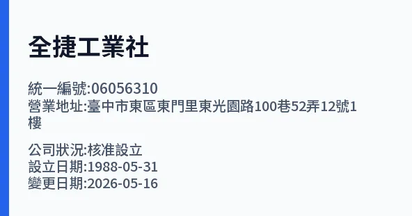 全捷工業社的照片-統編 06056310(臺中市) 公司登記資料與營業項目詳細圖表