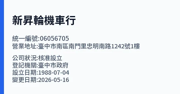 新昇輪機車行的照片-統編 06056705(臺中市) 公司登記資料與營業項目詳細圖表