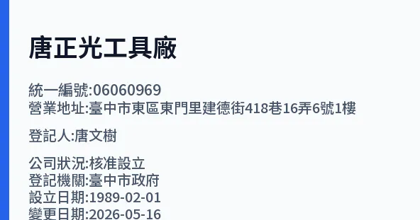 唐正光工具廠的照片-統編 06060969(臺中市) 公司登記資料與營業項目詳細圖表