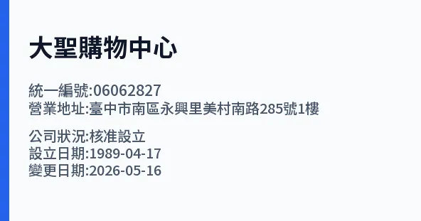 大聖購物中心的照片-統編 06062827(臺中市) 公司登記資料與營業項目詳細圖表