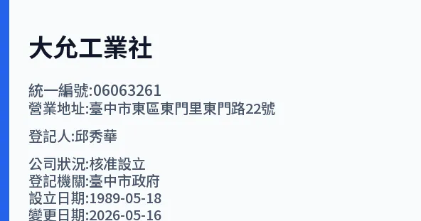 大允工業社的照片-統編 06063261(臺中市) 公司登記資料與營業項目詳細圖表