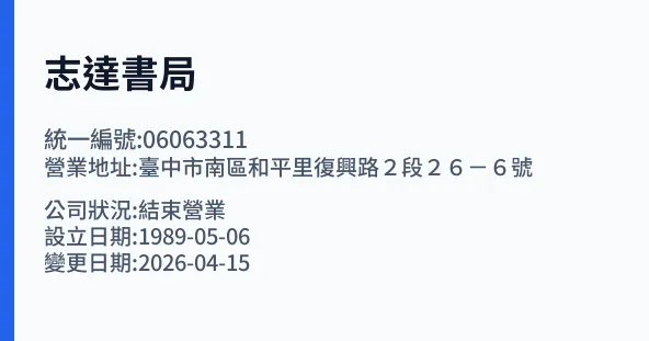 志達書局的照片-統編 06063311(臺中市) 公司登記資料與營業項目詳細圖表