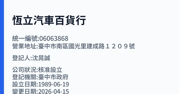 恆立汽車百貨行的照片-統編 06063868(臺中市) 公司登記資料與營業項目詳細圖表