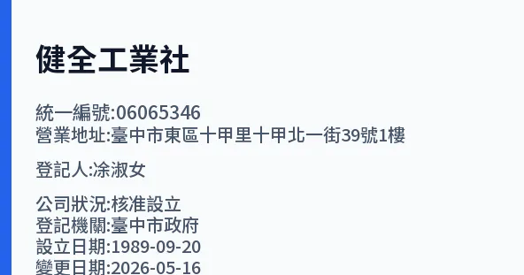 健全工業社的照片-統編 06065346(臺中市) 公司登記資料與營業項目詳細圖表