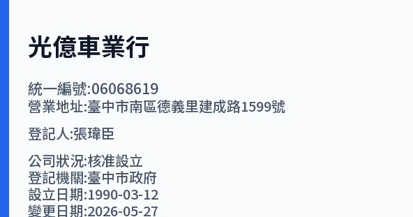 光億車業行的照片-統編 06068619(臺中市) 公司登記資料與營業項目詳細圖表