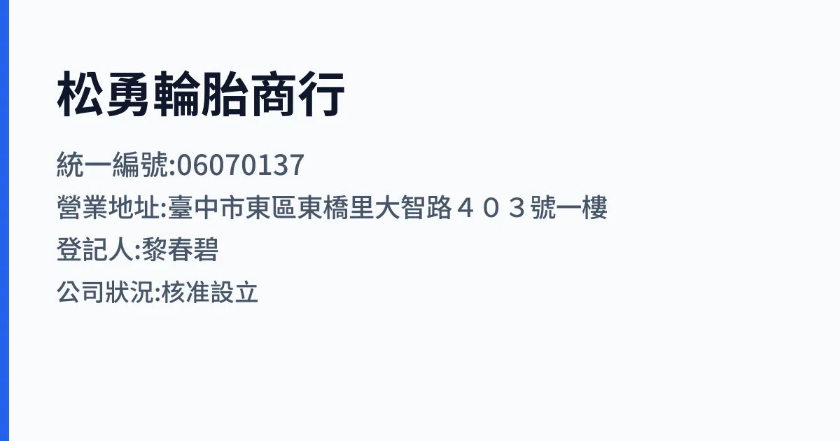 松勇輪胎商行 - 統編 06070137(臺中市) 公司登記資料與營業項目詳細圖表