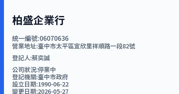 柏盛企業行的照片-統編 06070636(臺中市) 公司登記資料與營業項目詳細圖表