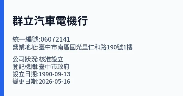 群立汽車電機行的照片-統編 06072141(臺中市) 公司登記資料與營業項目詳細圖表