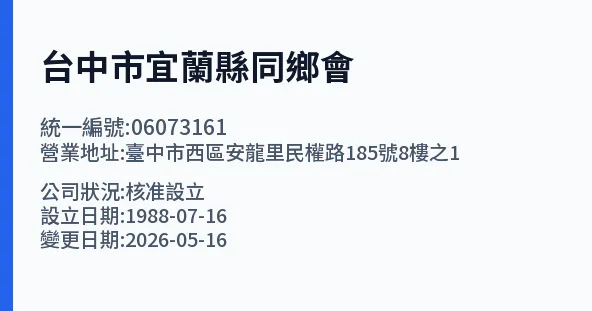 台中市宜蘭縣同鄉會的照片-統編 06073161(臺中市) 公司登記資料與營業項目詳細圖表