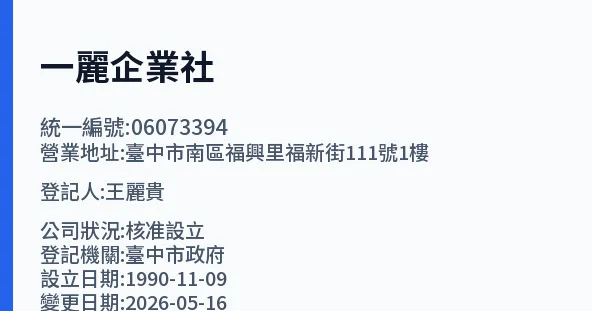 一麗企業社的照片-統編 06073394(臺中市) 公司登記資料與營業項目詳細圖表