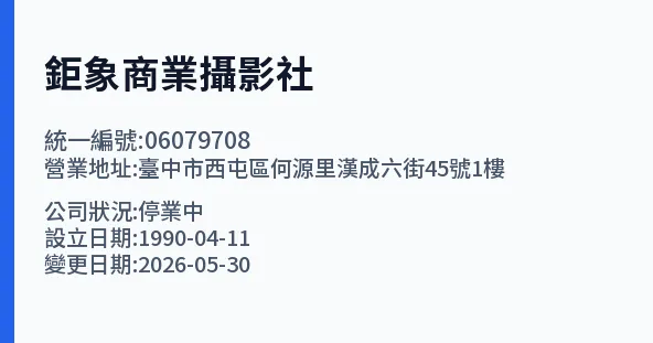 鉅象商業攝影社的照片-統編 06079708(臺中市) 公司登記資料與營業項目詳細圖表