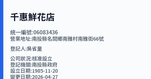 千惠鮮花店的照片-統編 06083436(南投縣) 公司登記資料與營業項目詳細圖表