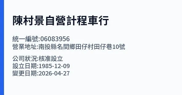 陳村景自營計程車行的照片-統編 06083956(南投縣) 公司登記資料與營業項目詳細圖表