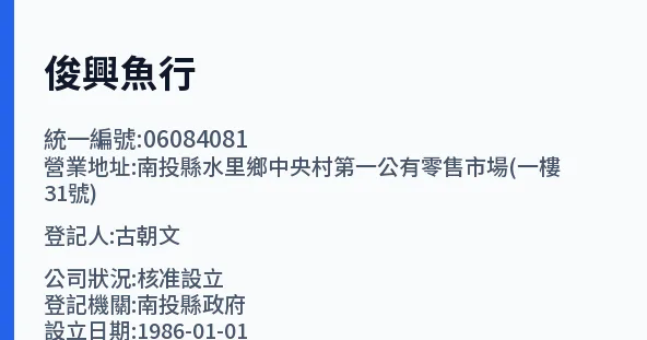 俊興魚行的照片-統編 06084081(南投縣) 公司登記資料與營業項目詳細圖表